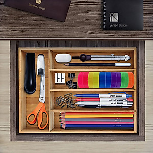 ZROOY Kitchen Bamboo Drawer Organizer Utensils Tray Organizer, Small Silverware Organizer with 5 Compartments for Spoons Forks Knives