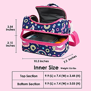 Life on track Insulated Kids Double Decker Lunch Bag Tote Pack for Girls Boys Toddler School Picnic Food Cooler Hot Water Ice with Strap (Blue Unicorn)