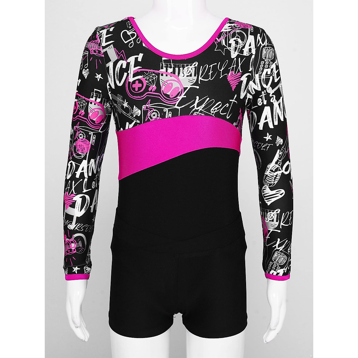 Jhaoyu Kids Girls Ballet Dance Gymnastics Leotards Long Sleeve Printed Bodysuit Unitard with Biketards Shorts Tracksuit Rock Rose 8 Years