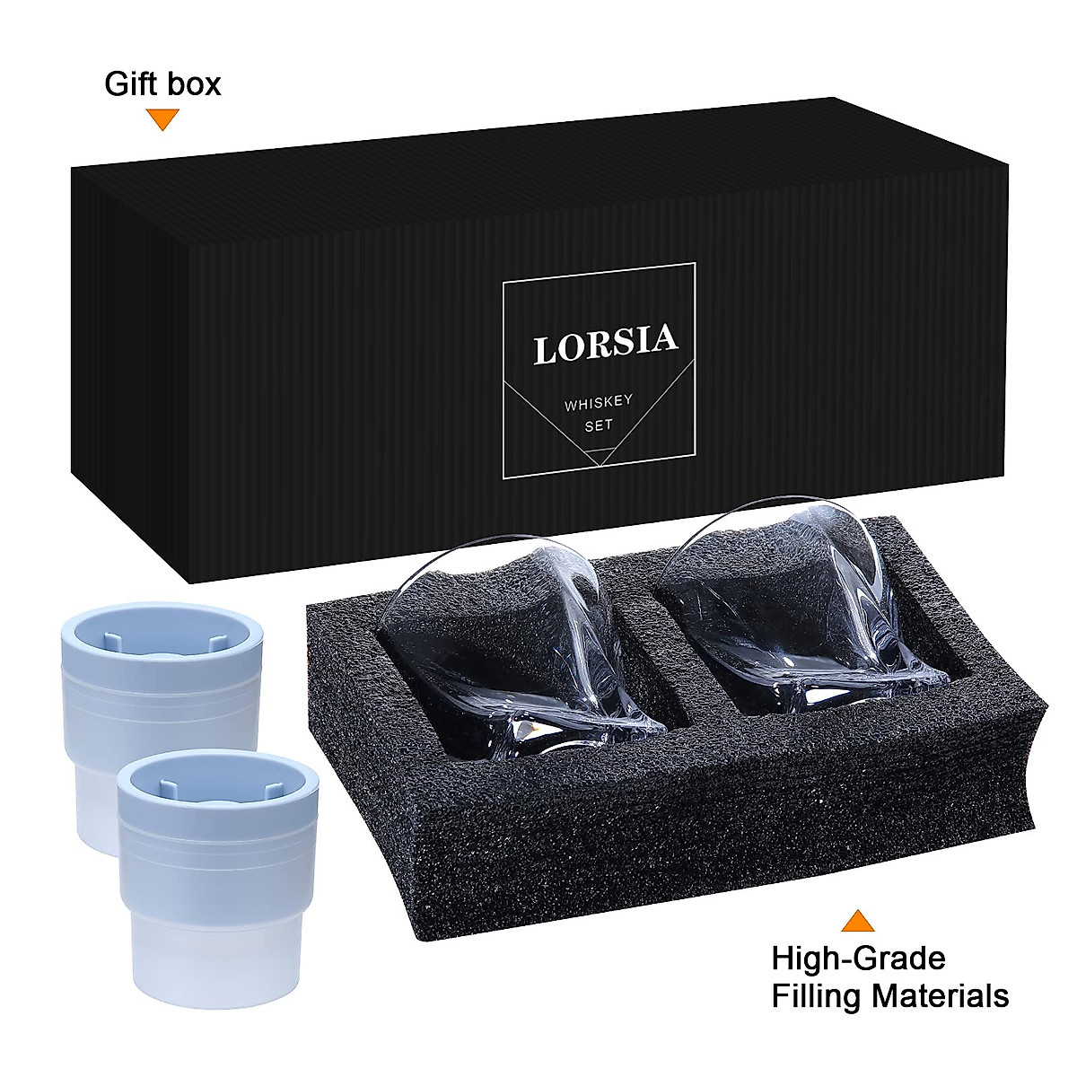 Whiskey Rocks Glass, Set of 4 (2 Crystal Bourbon Glasses, 2 Round Big Ice Ball Molds) In Gift Box - 11 Oz Old Fashioned Glasses for Scotch Cocktail Rum Cognac Vodka Liquor, Unique Gifts for Men