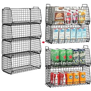 4 Pack Extra Large Stackable Wire Baskets, Pantry Organization and Storage,Wire Baskets for Organizing,Countertop Snack Chips Can Organizer,Household Storage Bins for Cabinet, Kitchen, Closet