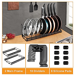 Pots and Pans Organizer,Expandable Pot Rack Organizer for Cabinet, Pot Lid Organizer Holder with 10 Adjustable Compartment Pans Holder for Kitchen Cabinet Cookware Baking Frying Rack Bake Ware Storage