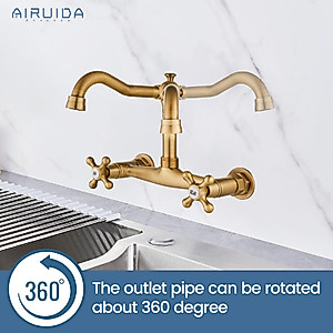Airuida Antique Brass Wall Mount Commercial Sink Faucet Wall Mounted Kitchen Faucet 360 Rotatable Spout 2 Hole Double Cross Handles 8 Inch Center Tap for Utility Laundry Restaurant Sink