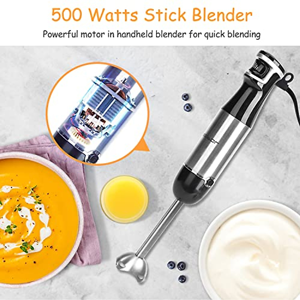 Aigostar Immersion Blender, 2 in 1 Hand Blender with 600ml Beaker, Stainless Steel Handheld Stick Blender for Smoothies, Baby Food, Puree, Soup, BPA Free, UL Certificated