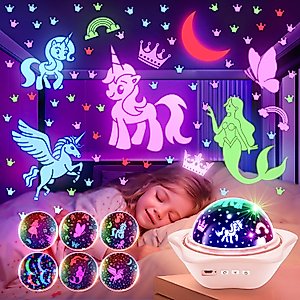 One Fire Unicorns Gifts for Girls Night Light Projector, 6 Films Unicorn Bedroom Decor for Girls, Rechargeable Unicorn Night Light for Girls Bedroom Decor,360° Rotating Mermaid Princess Butterfly Lamp