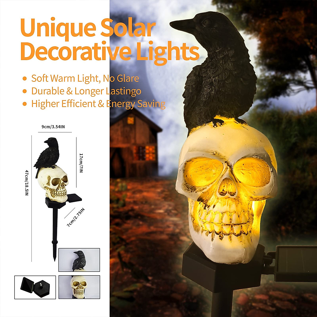 QH Garden Halloween Outdoor Decoration - Solar Lights, Waterproof Ghost & Skull Lights with Black Crow, Skeleton Stakes with LED, Stunning Decorations