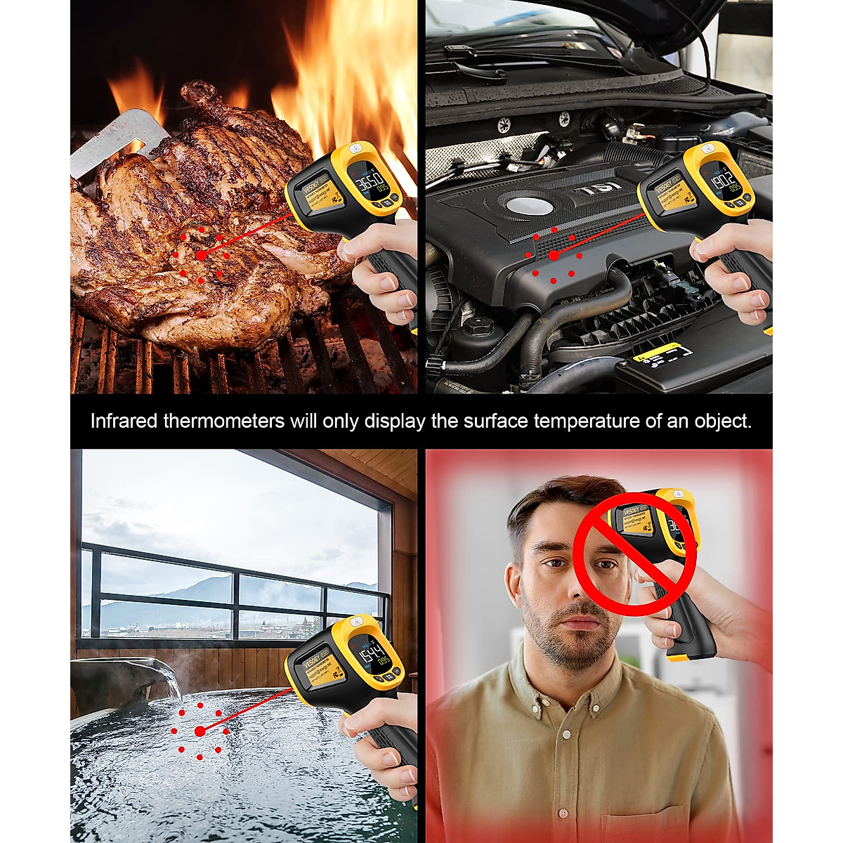 Infrared Thermometer Temperature Gun -58°F ~932°F, Digital Laser Thermometer Gun for Cooking, Pizza Oven, Grill & Engine, IR Thermometer Temp Gun with Adjustable Emissivity & Max-Min Measure