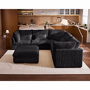 Cloud Oversized Modular Sofa, 120" Corduroy Wide Seat Sectional with Reversible Chaise, Shaped Couches Modern Comfy Fluffy Cushion Sleeper Sofa Bed with Convertible Ottoman for Living Room 5 Seater