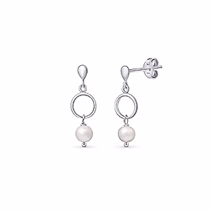 Amberta Women 925 Sterling Silver Freshwater Pearl Earrings: 5 mm Silver Pearl Drop Earrings - Silver