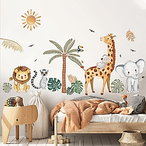 wondever Boho Jungle Animals Wall Stickers Safari Animal Palm Tree Elephant Giraffe Lion Peel and Stick Wall Art Decals for Baby Nursery Kids Bedroom