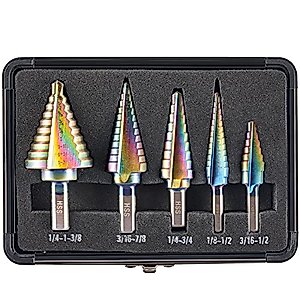 Anfrere Unique 5PCS Step Bits Set, 50 Sizes HSS Titanium Step Drill Bits, 1/8"-1-3/8" High Speed Steel Unibit Drill Bits Set for Sheet Metal with Storage Case, Multiple Hole Stepped Up Bits Home Tools