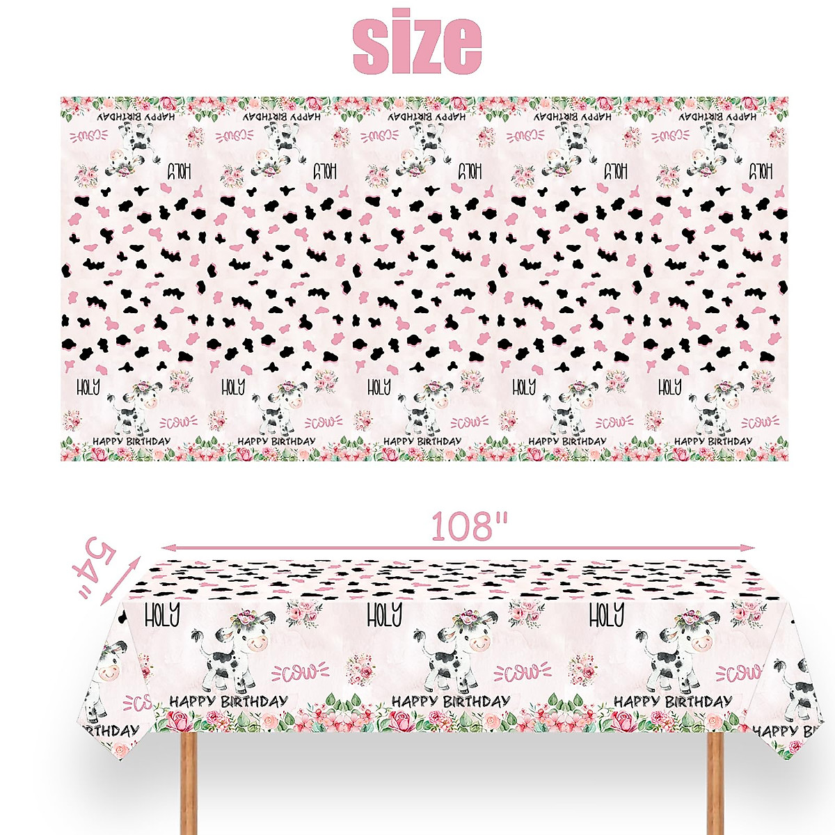 Letromp Holy Cow Birthday Party Table Cloth 3 Pack 54'' x 108'' Pink Cow Print Table Covers for Farm Animals Cow Theme Girls Baby Shower 1st 2nd 3rd 4th Birthday Party Table Supplies Decorations