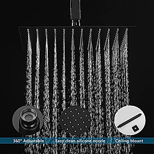 JingGang 12 Inch Ceiling Mount Matte Black Shower System Bathroom Luxury Rain Mixer Shower Combo Set Ceiling Rainfall Shower Head System (Contain Shower Faucet Rough-in Valve Body and Trim)
