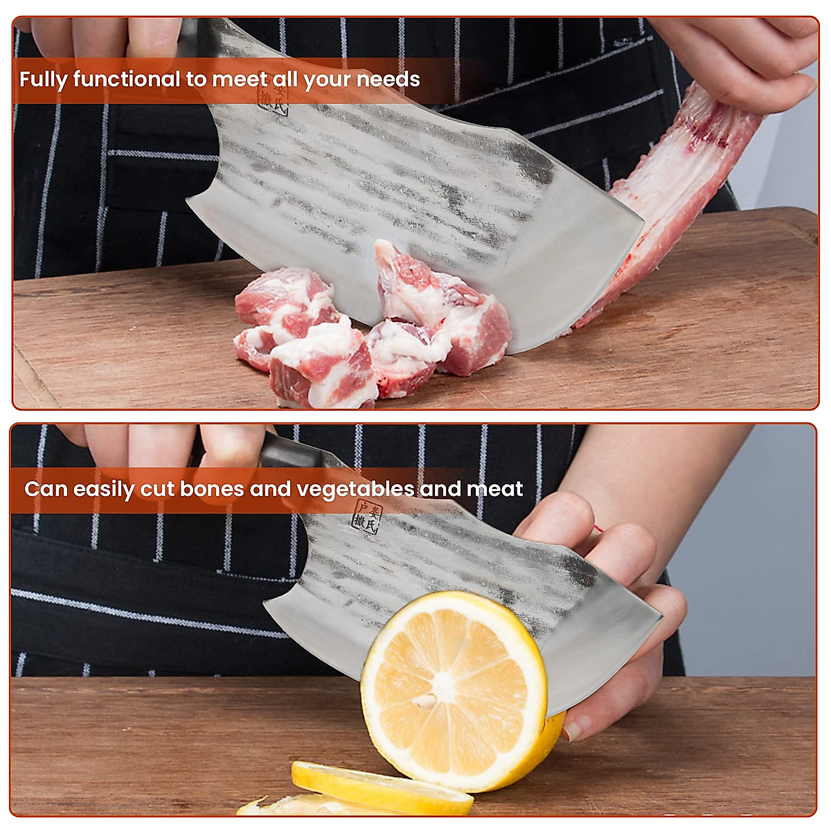 Chinese-Husa Hand-Forged Cleaver Butcher Chef-Knife - High Carbon Stainless Steel HRC62 - Knife for Pro Chef, Home, Restaurant, Outdoors