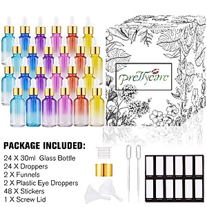PrettyCare Eye Dropper Bottles 1oz (Rainbow Colored Glass Bottle 24 Pack 30ml with Golden Caps, 48 Labels, Funnel & Measured Pipettes) Empty Tincture Bottles for Essential Oils, Perfume