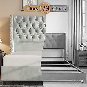 Jocisland Queen Size Platform Bed Frame Velvet Upholstered Bed with Nailhead Trim Wingback Headboard 51.6" Tall,Button Tufted, No Box Spring Needed, Light Grey