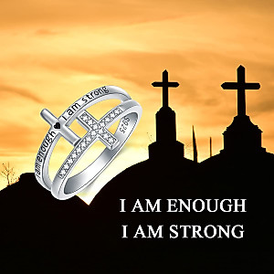 LONAGO 925 Sterling Silver I am Enough Cross Ring I am Strong Ring Inspirational Religious Crucifix Encouragement Statement Jewelry Gift for Women (6)