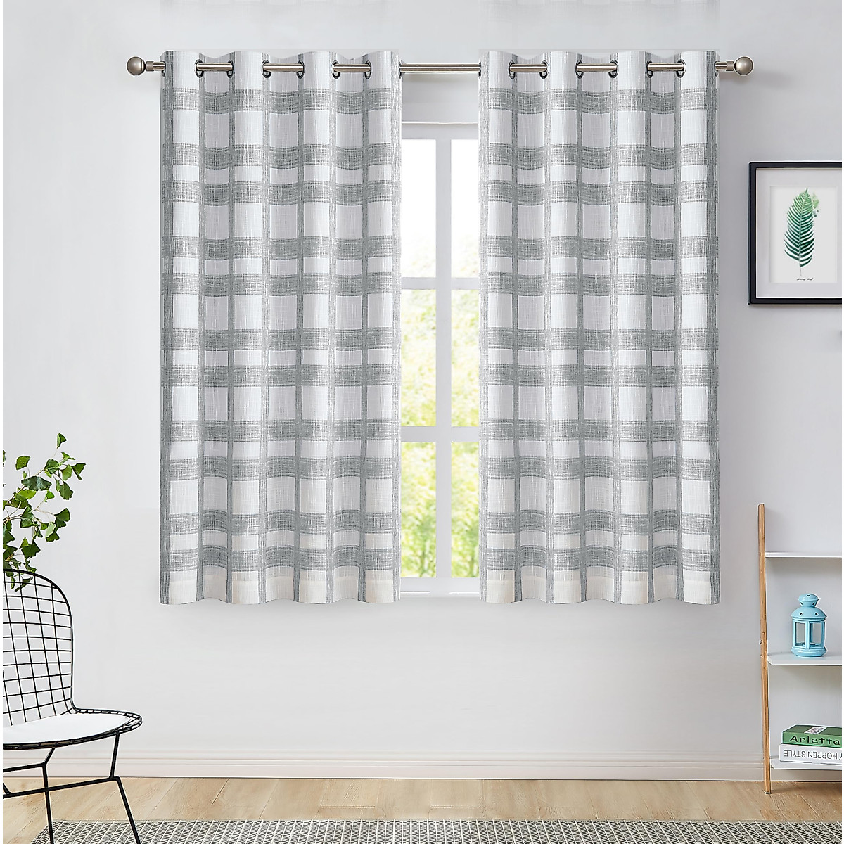 Central Park White Grey Plaid Blackout Window Curtain Linen Buffalo Check Geometric Panel 84" Long for Bedroom Living Room Grommets Top Rustic Farmhouse Room Darkening Thermal Insulated Drape, 1 Pc