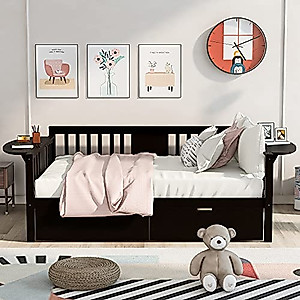 ODC Full Daybed with 2 Storage Drawers, Solid Wood Daybed Frame with Foldable Tables, Multi-Functional Sofa Bed, Daybed for Kids/Guest Bedroom, No Box Spring Required