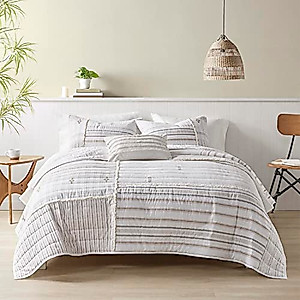 INK+IVY Salar Cotton Quilt Set - Stripe Patchwork Design with Fringe Trim Accent, Prewashed Coverlet, All Season, Breathable and Lightweight Cover, Cozy Summer Blanket, Full/Queen Natural 3 Piece
