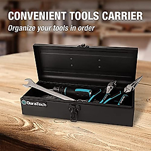 DuraTech Metal Tool Box, 15" Portable Steel Tool Box with Metal Latch Closure & Plastic Handle, Small Tool Box with Anti-slip Base, Multi-Purpose Heavy Duty Toolbox, Black