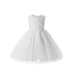 Mallimoda Girl's Lace Tulle Flower Princess Wedding Dress for Toddler and Baby Girl (3Y, Sleeveless White)