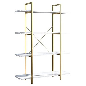 IOTXY 4-Tier Open Shelf Bookcase - Modern Freestanding Wooden Display Stand Unit with Metal Frame for Home and Office, Bookshelf, Gold White