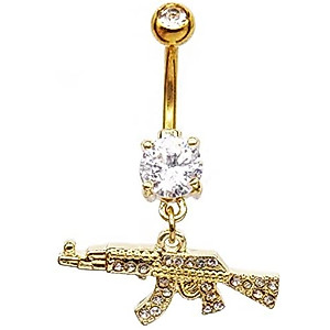 JLEXCMT Fashion Dangle Navel Ring Clear Gem Gun Belly Button Ring Body Piercing Jewelry for Women Belly Piercing Gold Silver