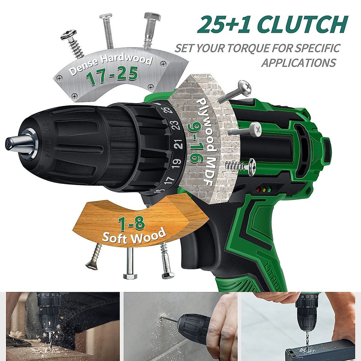 Cordless Drill Driver Set 21V, Power Drill Cordless 23PCS with Batteries 1500mAh, 25+1 Torque Hammer Drill, 3/8" Chuck, 2 Speed, 0-600 RPM/0-1300 RPM Variable Speed, LED Light for Home