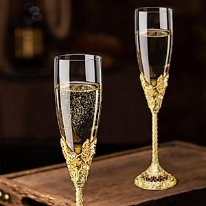 Jozen Gift Gold Champagne Flutes - Crystal Glasses&Metal Base With Crystal Stone, Set of 2 Toasting Flute Pair, Wedding Anniversary, Party Birthday Banquets Gifts for Bride and Groom 6 oz