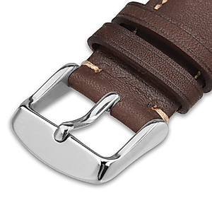 WOCCI 18mm Vintage Leather Watch Band for Men and Women, Silver Buckle (Dark Brown/Contrasting Stitch)