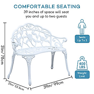Sun-Ray Outdoor Patio Bench with Rose Detail in White, Cast Aluminum and Cast Iron Bench for Garden, Park, Patio, & Deck