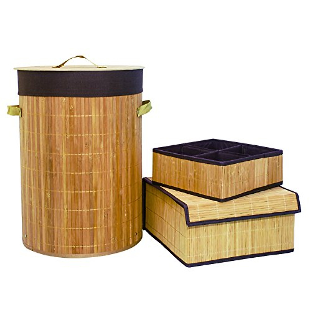 Set of 3 Laundry Hampers Bamboo Round Wicker Clothes Bin Baskets Storage Bin Organizers Retail Dump Bin Folding Basket 100208-NF