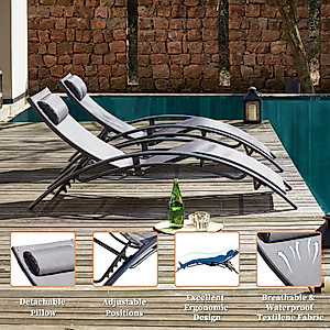 SUMETURE Outdoor Patio Lounge Chair Set of 2,Adjustable Chaise with Pillow,Lounge Chairs with 4 Adjustable Backrest Positions for Poolside,Garden,Balcony(Grey)