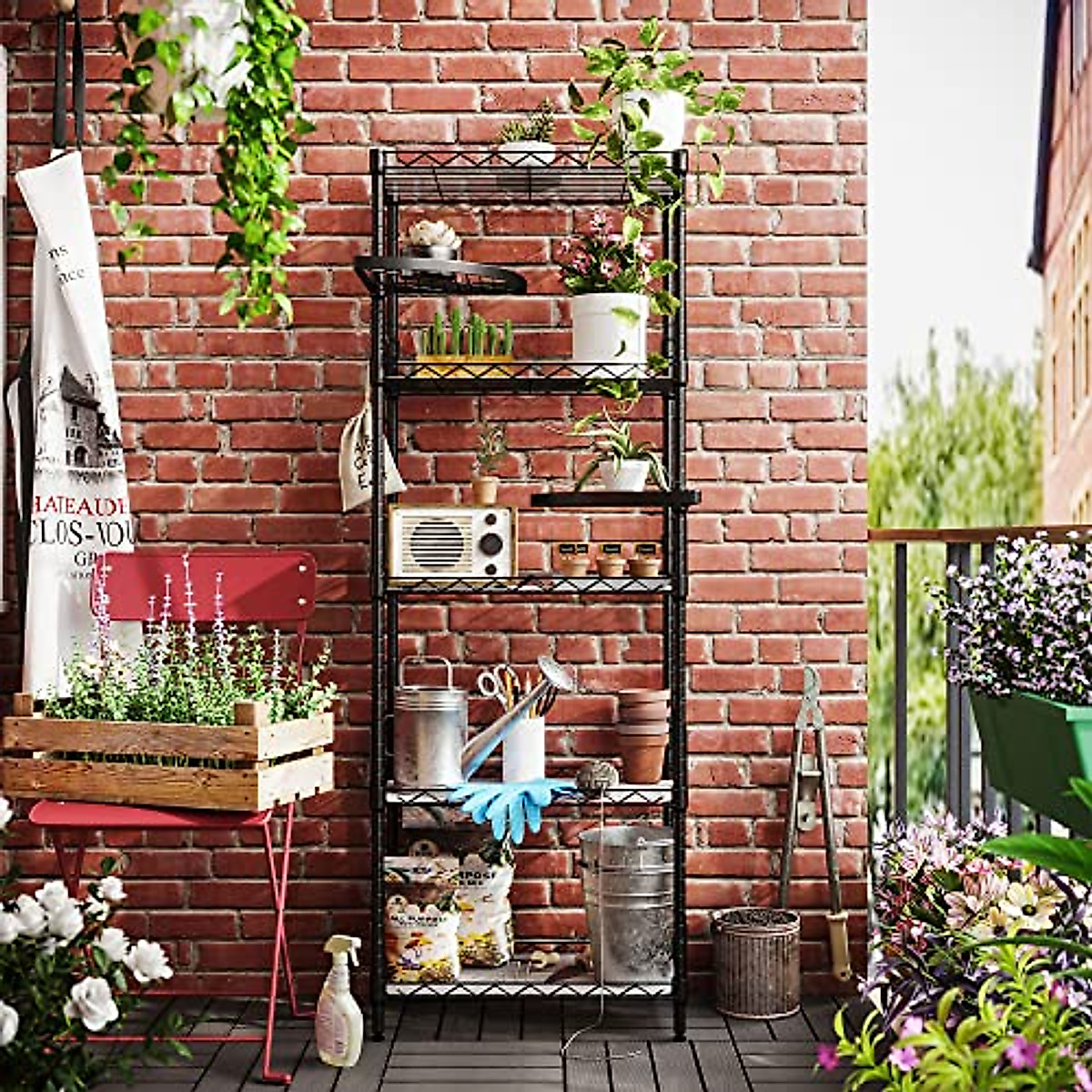 LINSY HOME 5-Tier Storage Shelves with 2 Rotatable Shelves, Height Adjustable Metal Pantry Shelves with 5 Hooks and Shelf Liners, Heavy Duty Metal Shelving, Wire Shelving for Kitchen, Bathroom -Dark