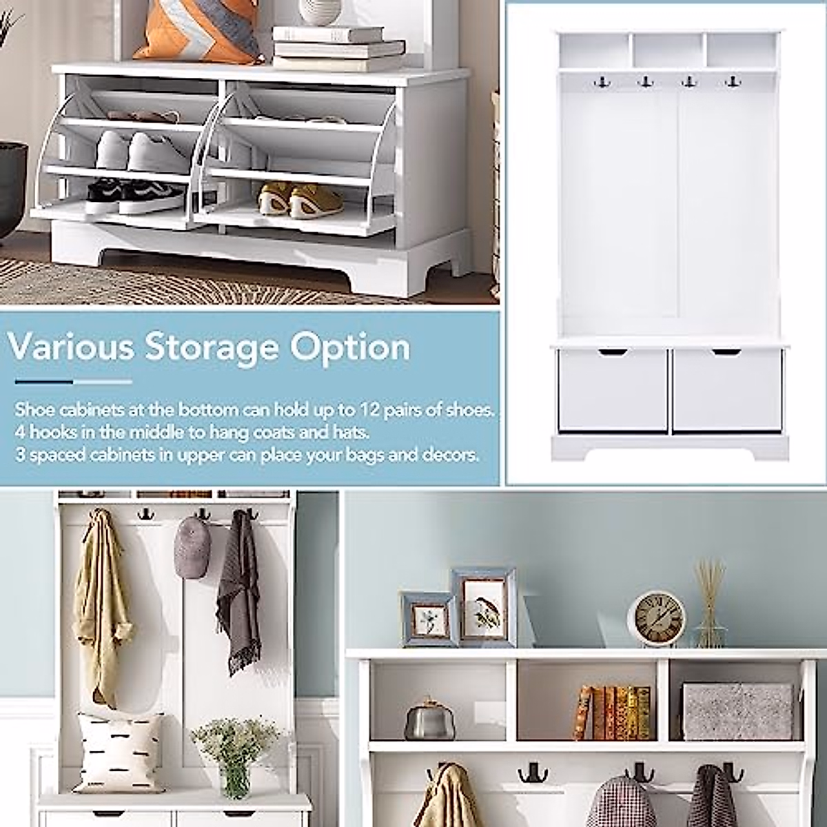 CuisinSmart All in One Hall Tree with 3 Top Shelves and 2 Flip Shoe Storage Drawers, Entryway Coat Garment Rack Storage, Hall Tree with Bench and Shoe Storage, White