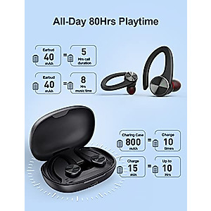 TTQ Wireless Earbuds, Bluetooth Headphones 80Hrs Playtime with Charging Case and Earhooks Over Ear Waterproof Earphones with Mic for Working Sports Running Workout iOS Android TV Phone Laptop