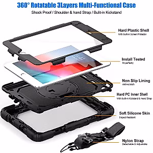 SEYMAC stock Case for iPad Mini 5/4 with Screen Protector Pencil Holder [360 Rotating Hand Strap] & Stand, Drop-Proof Case for iPad Mini 5th/4th Generation 7.9 inch (Black)