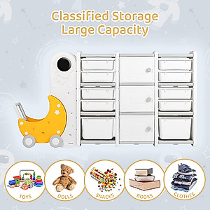 duke baby Kids 3 Layer Toy Storage Organizer with 10 Storage Bins, 3 Toy Cabinets with Doors, Display Bookshelves and Toy Cart for Kids Playroom Bedrooms Age 1-12, Space Collection Large