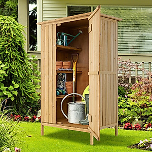 Goplus Outdoor Storage Cabinet, 5 × 3 FT Wooden Garden Shed with Asphalt Roof, 3 Shelves, Lockable Door, 5 Hanging Hooks, Outside Utility Tool Shed Organizer for Backyard, Patio, Deck, Natural