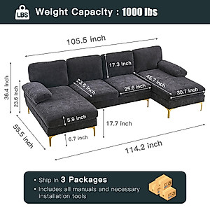 VERYKE U Shape Sectional Sofa Couch,Modern 110'' Chenille Fabric Sectional Couch Sofa, Upholstered Sofa Bed with Golden Metal Legs for Living Room