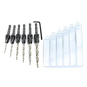 FTG USA Wood Countersink Drill Bit Set 6 Sizes #4 to #14 Set Countersink HSS M2 Tapered Drill Bits, Quick Change 1/4" Hex Shank Countersink bit, with 6 Storage Containers, 1 Allen Wrench