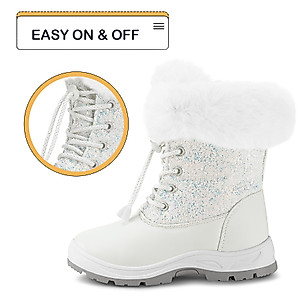 K KomForme Girls Glitter Snow Boots Kids Bungee Lacing Warm Faux Fur-Lined Anti-Slip Outdoor Winter Shoes White Big Kid 2M