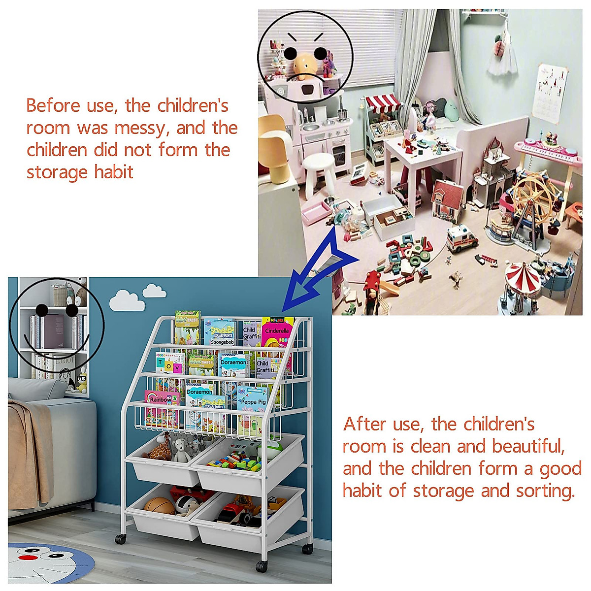 LINZINAR Bookshelf Iron Toy Organizer 3 Tier Mobile Bookrack 4 Plastic Toy Storage Boxes with Wheels—White…