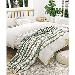 Godimerhea Green Throw Blanket Cotton White Boho Striped Decorative Blankets for Couch Sofa Bed, Soft Cozy Knit with Tassel, Rustic Shabby Chic, 50" x 60"