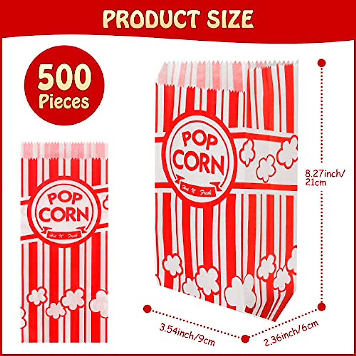 SUPWISER 500 Pcs Popcorn Bags, 1 Oz Movie Night Paper Popcorn Bags Bulk Individual Servings for Popcorn Machine Kitchen Party Movie Theater, Carnival Party, Decorations Supplies (500)