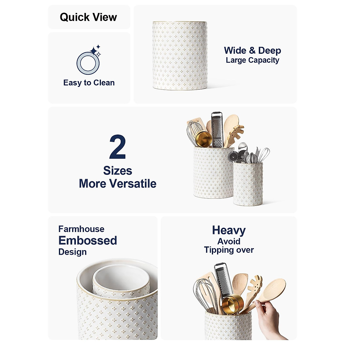 LE TAUCI Utensil Holder, 7.1"+5.4" Ceramic Kitchen Utensil Holder for Counter top, Embossed Cooking Utensil Organizer for Spatula & Spoon, Kitchen Decor, Set of 2, Arctic White, Clover