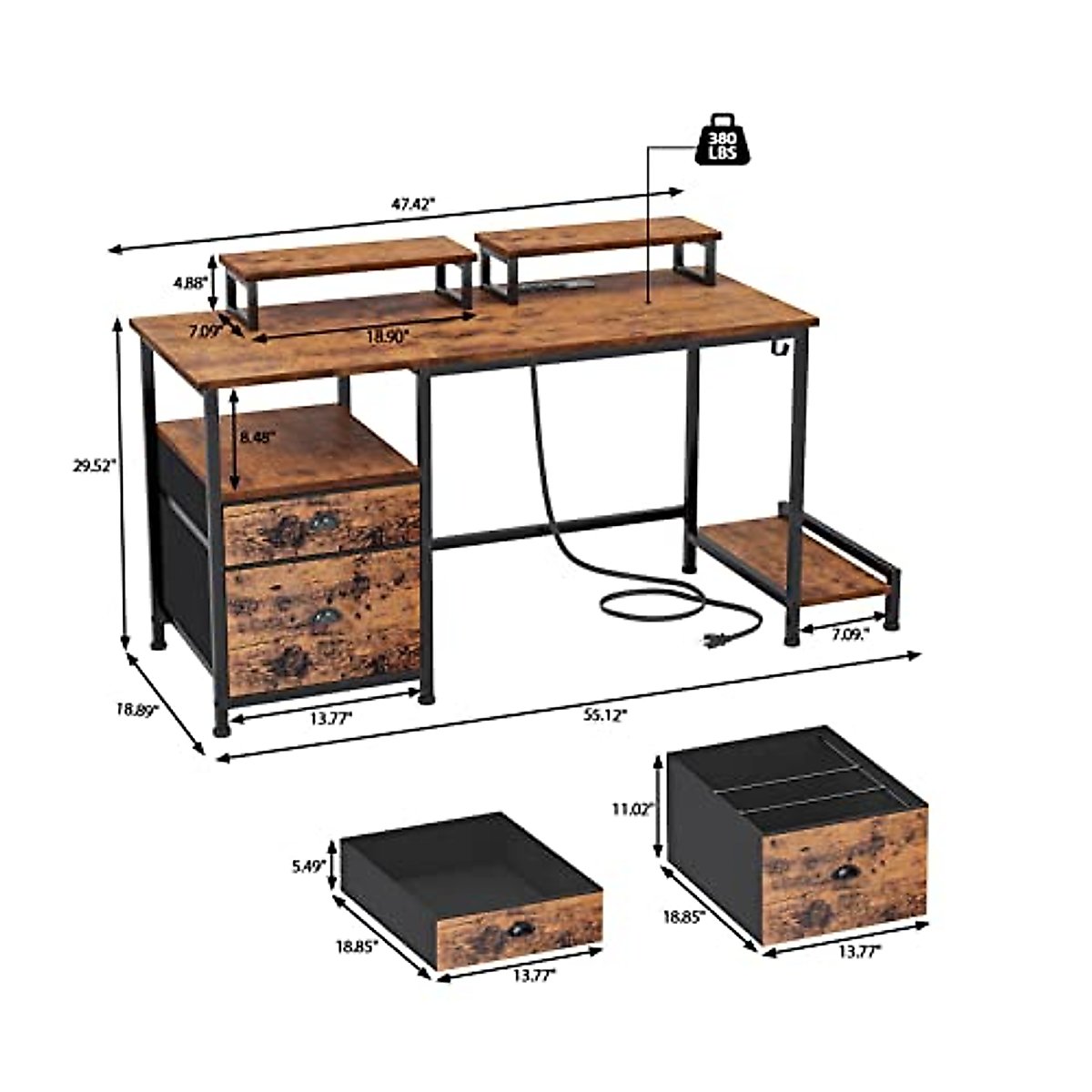 Furologee Computer Desk with Drawer and Power Outlets, 47" Office Desk with 2 Monitor Stands and Fabric File Cabinet, Writing Gaming Table with Shelves and 2 Hooks for Home Office, Rustic Brown