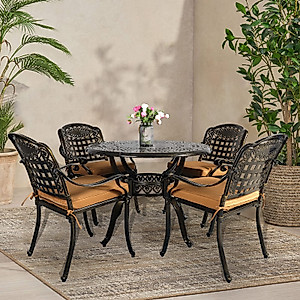 VIVIJASON 5-Piece Patio Furniture Dining Set, All-Weather Cast Aluminum Outdoor Conversation Set, Include 4 Cushioned Chairs and 1 Round Table w/Umbrella Hole for Balcony, Lawn, Garden, Backyard