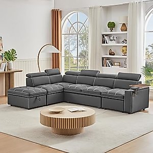 Microfiber Sectional Sleeper Sofa with Pull-Out Bed , 5 Seater Convertible L-Shaped Couch with Adjustable Headrest , Storage Armrest , Ottoman ,Cupholder ,360° Rotated Table ,USB Ports for Living Room